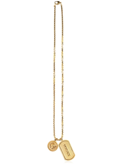 Versace Logo Tag & Pendant On Chain Necklace, Gold | ModeSens