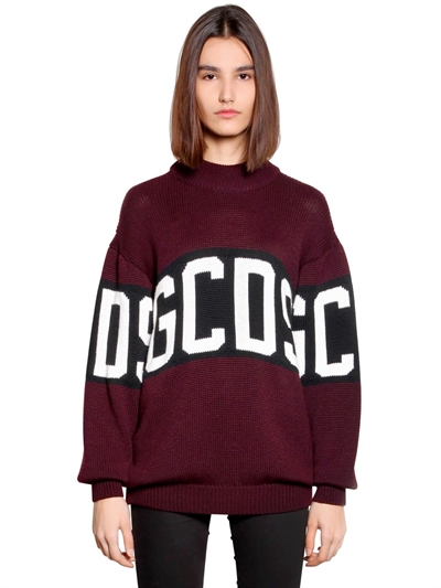 GCDS Logo Wool Jacquard Knit Sweater, Bordeaux | ModeSens